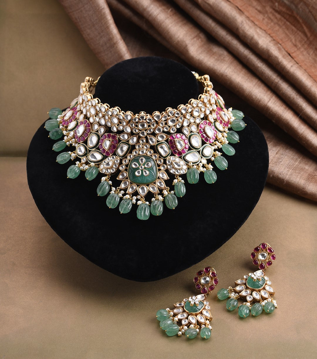 Niharika Red & Green Polki Necklace Set – Preeti Mohan