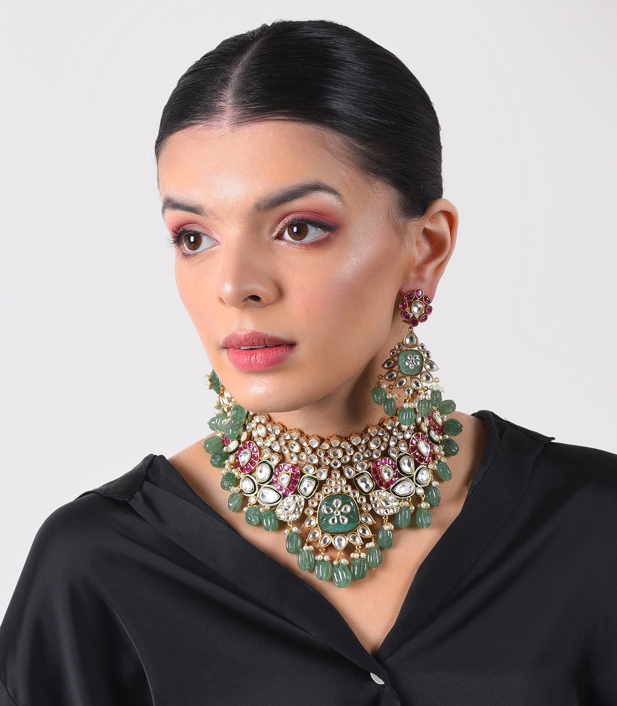 Niharika Red & Green Polki Necklace Set – Preeti Mohan